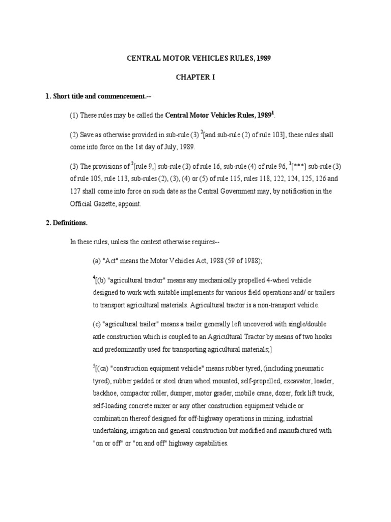 CMVR Rules - 1989 - Chapter-I | PDF | Driver's License | License