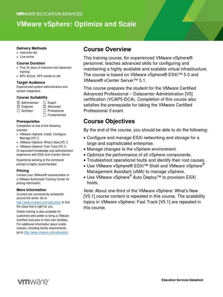 V Vmware Vsphe Ere: Op Timize and SC Cale: Course Overvie Ew | PDF ...