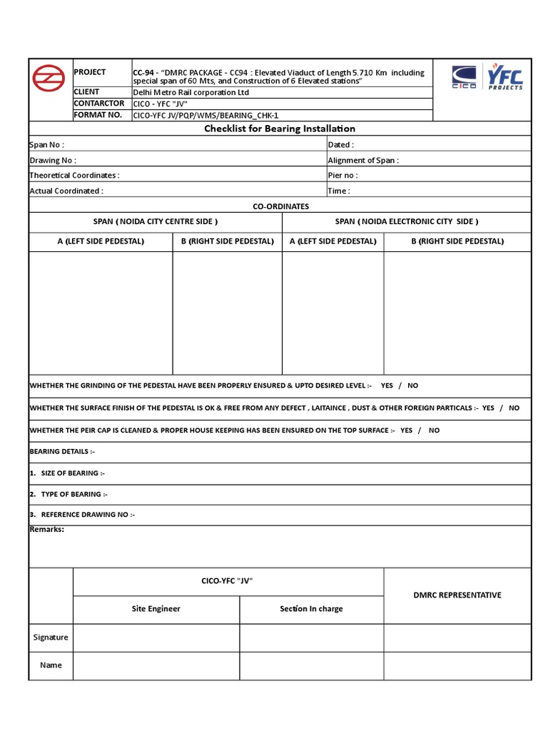 Bearing Checklist | PDF | Delhi | Rail Infrastructure