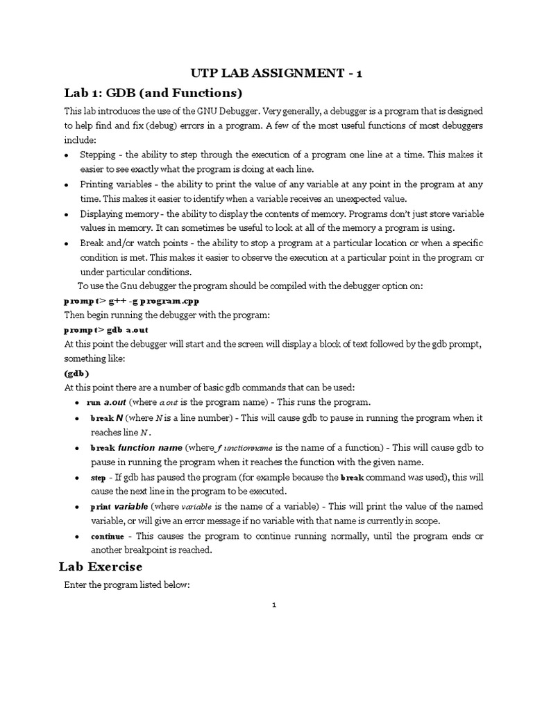 Utp Lab Assignment - 1 Lab 1: GDB (And Functions) : Prompt G++ - G Program - CPP | Download Free ...