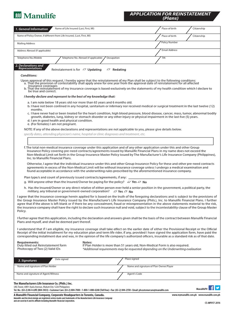 Application For Reinstatement | PDF | Insurance | Life Insurance