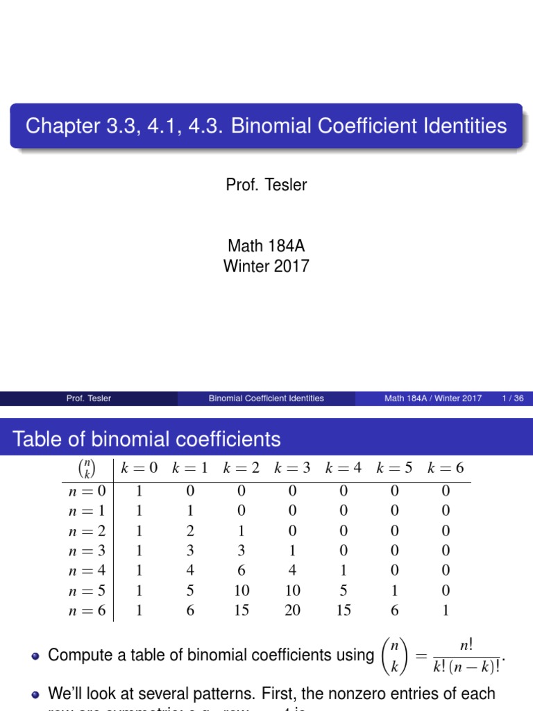 Chapter 3.3, 4.1, 4.3. Binomial Coefficient Identities: Prof. Tesler ...