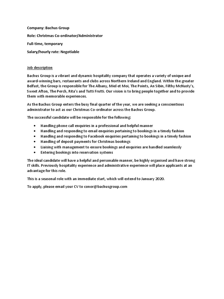 Christmas Coordinator Job Specification: Bachus Group | PDF