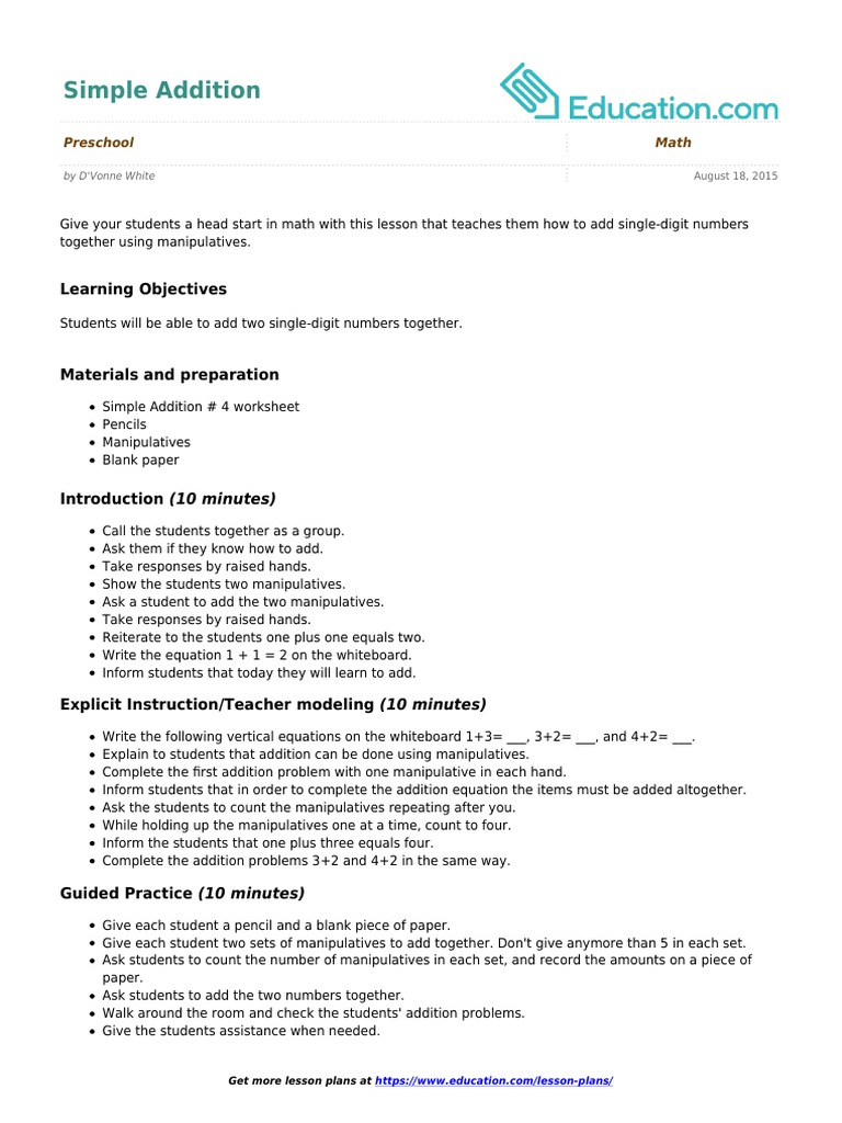 Simple Addition: Learning Objectives | PDF | Worksheet | Lesson Plan