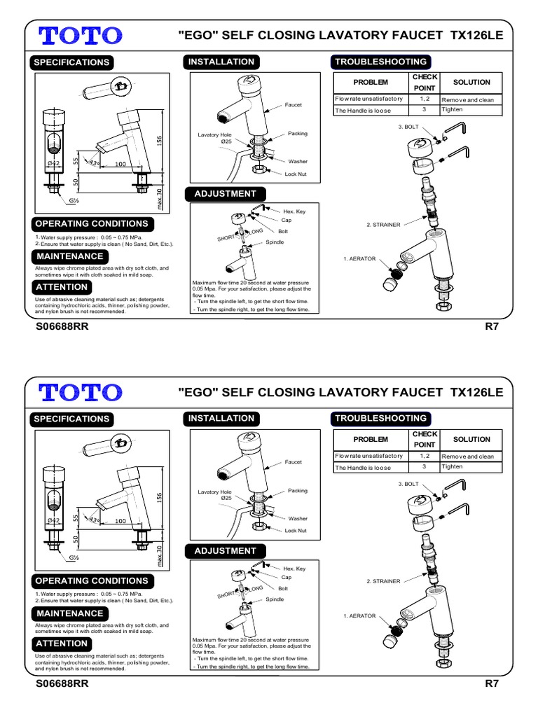 "Ego" Self Closing Lavatory Faucet Tx126Le: Specifications ...