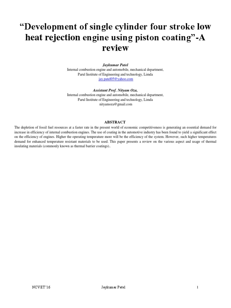 "Development of Single Cylinder Four Stroke Low Heat Rejection Engine ...