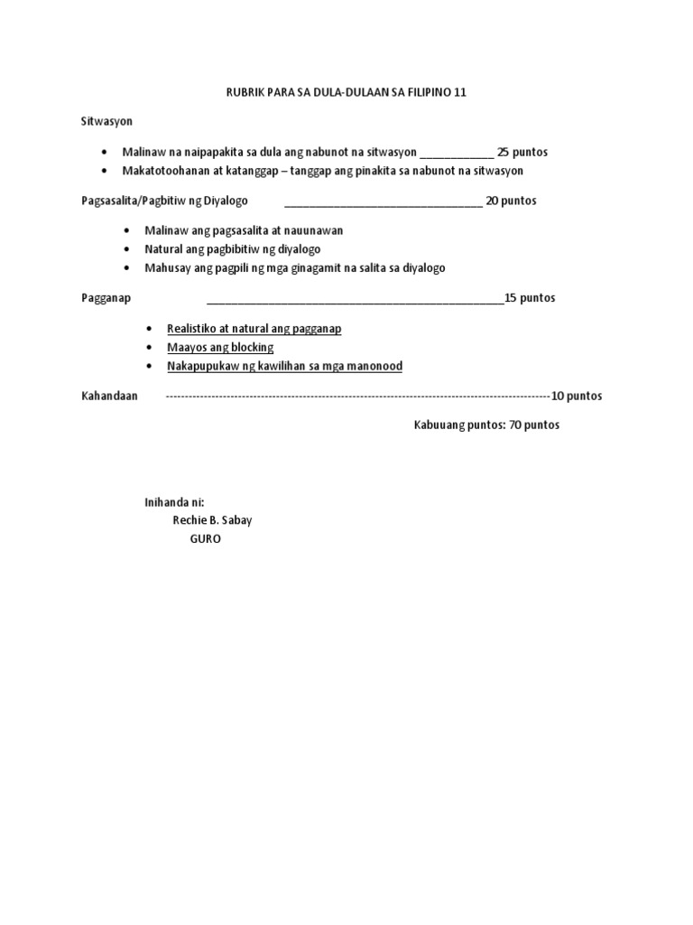 Rubrik para Sa Dula-Dulaan Sa Filipino 11 | PDF