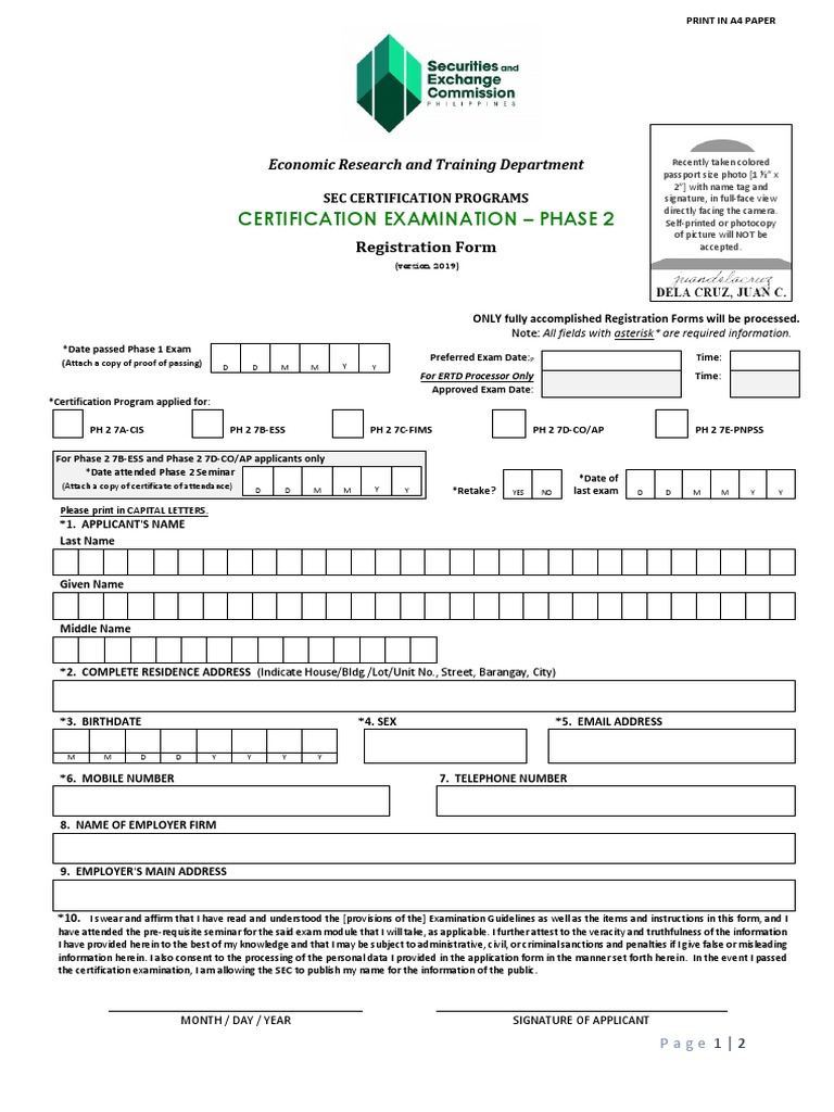 SEC Certification Exam Registration Form | PDF | Identity Document ...