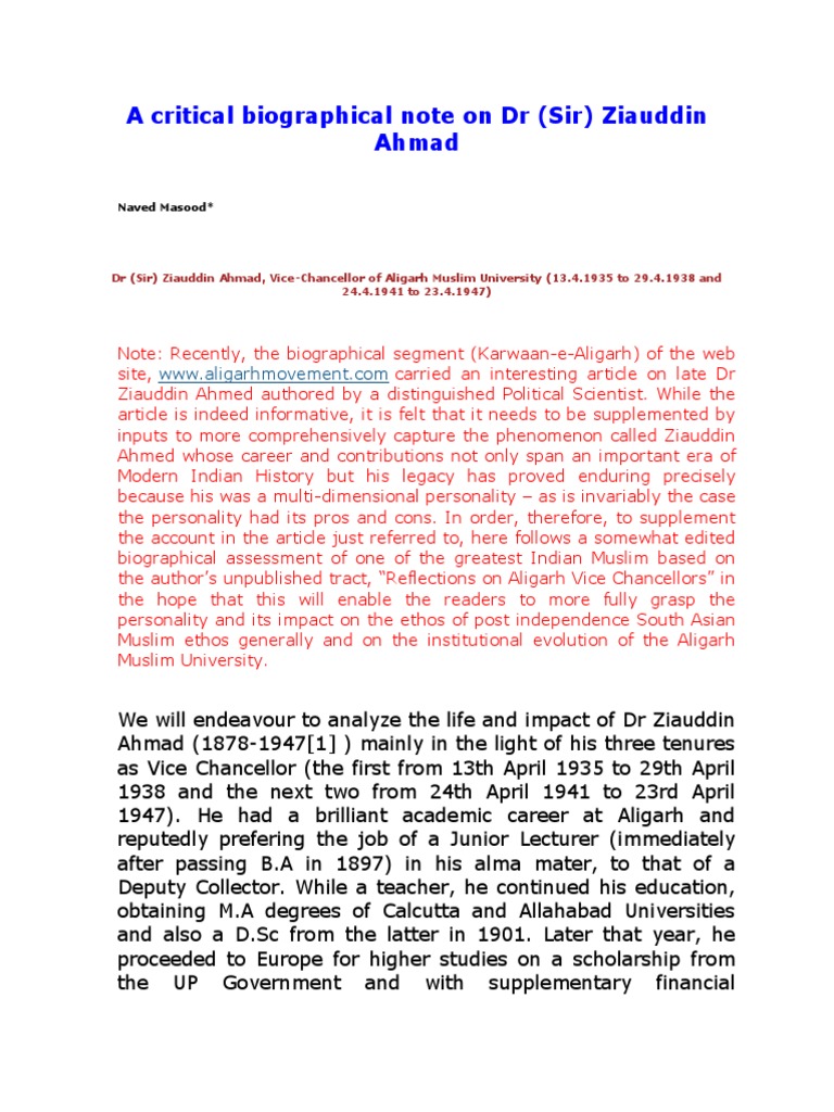 A Critical Biographical Note On DR (Sir) Ziauddin Ahmad: Naved Masood ...