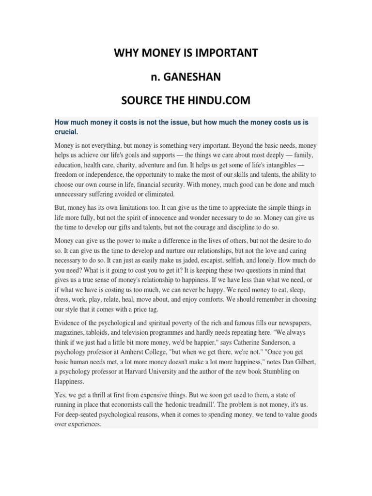 Why Money Is Important | PDF | Happiness | Psychology