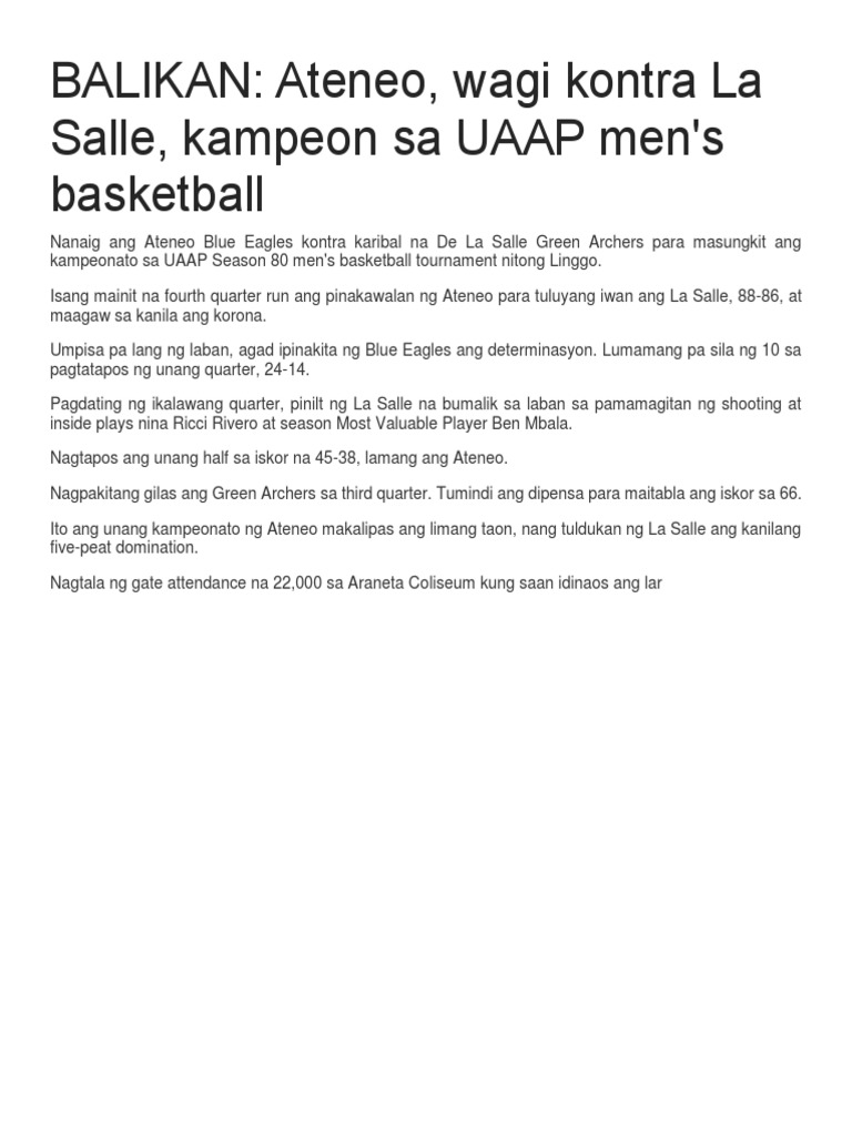 BALIKAN: Ateneo, Wagi Kontra La Salle, Kampeon Sa UAAP Men's Basketball | PDF | Sports ...