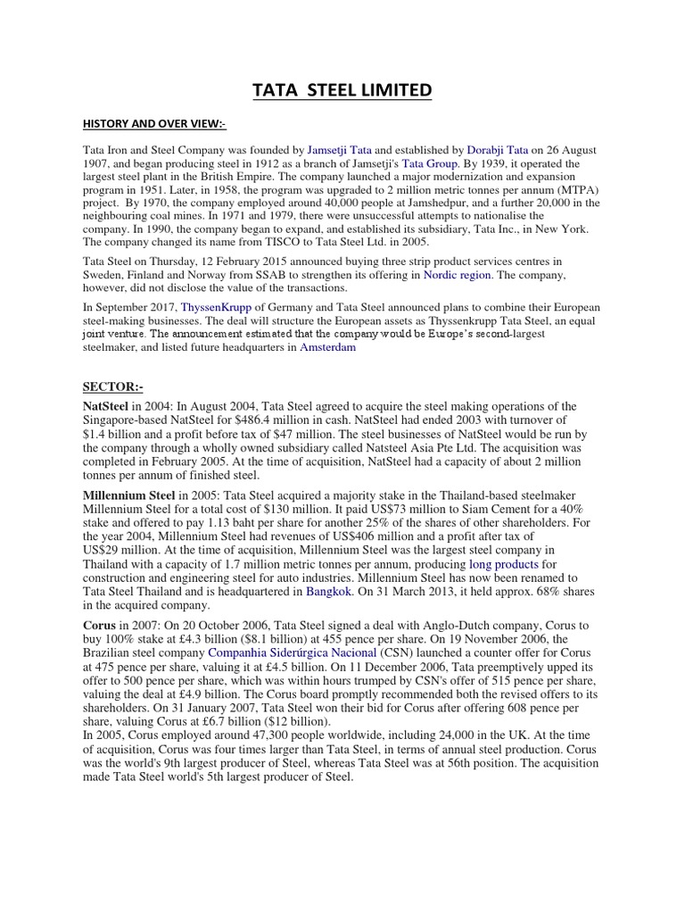 Tata Steel Limited: History and Over View | PDF | Companies | Financial ...