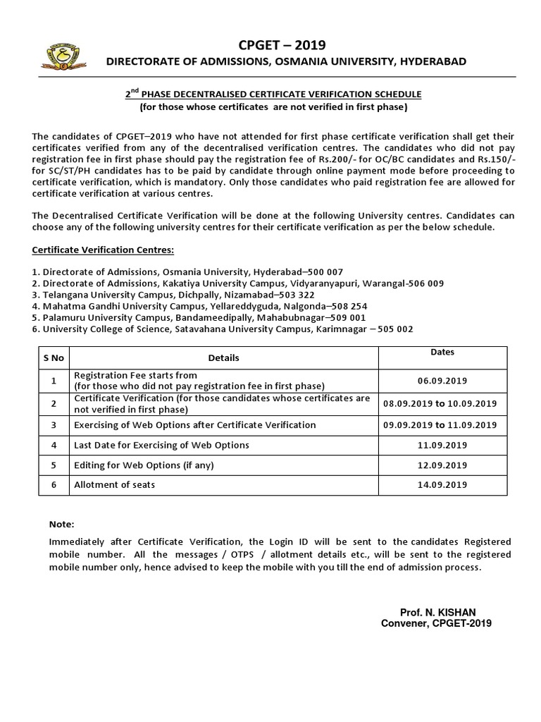 2nd Phase Certificate Verification and Admission Schedules | PDF ...