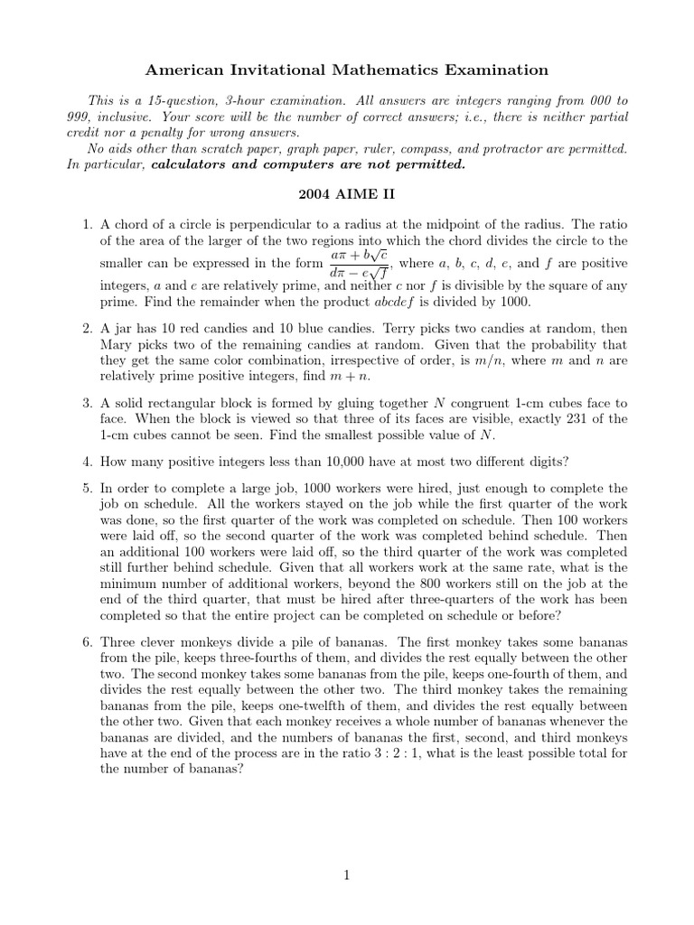 American Invitational Mathematics Examination | PDF | Area ...
