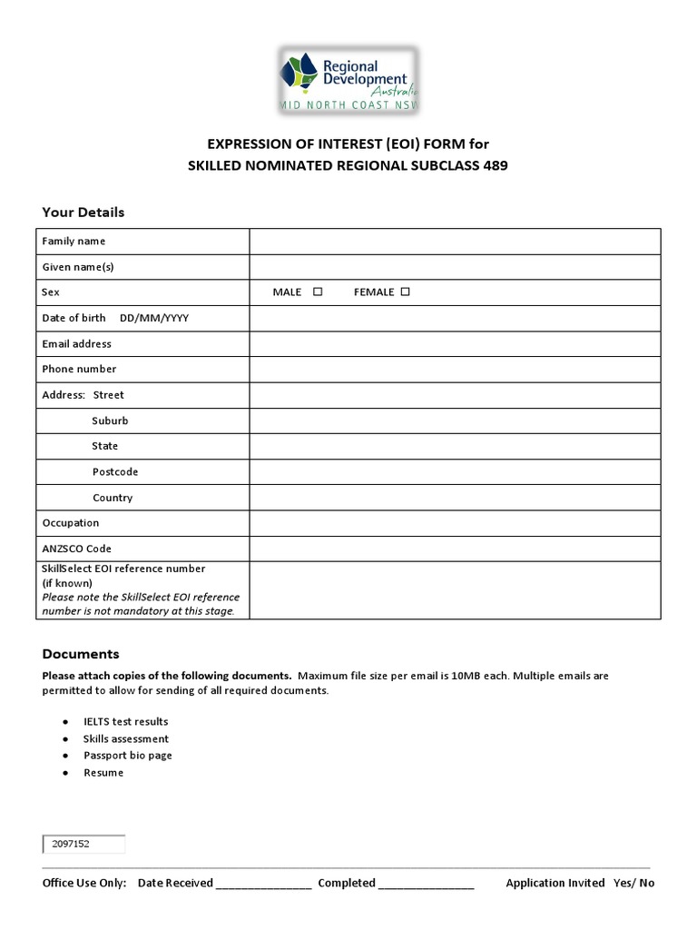 Expression of Interest (Eoi) Form For Skilled Nominated Regional ...