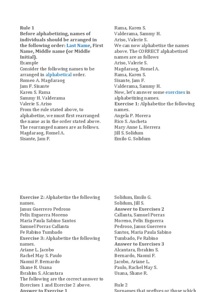 Rule 1 Before Alphabetizing, Names of Individuals Should Be Arranged in ...