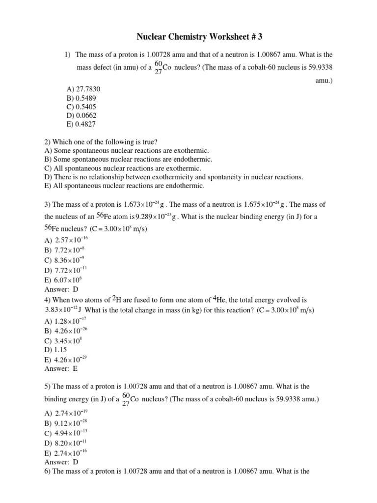 Nuclear Binding Energy Practice Problems | PDF | Nuclear Reaction ...