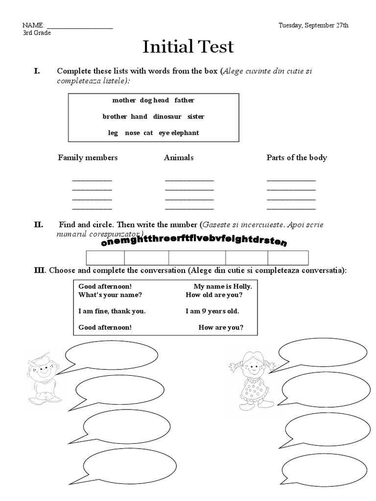 Initial Test 3rd Grade | PDF