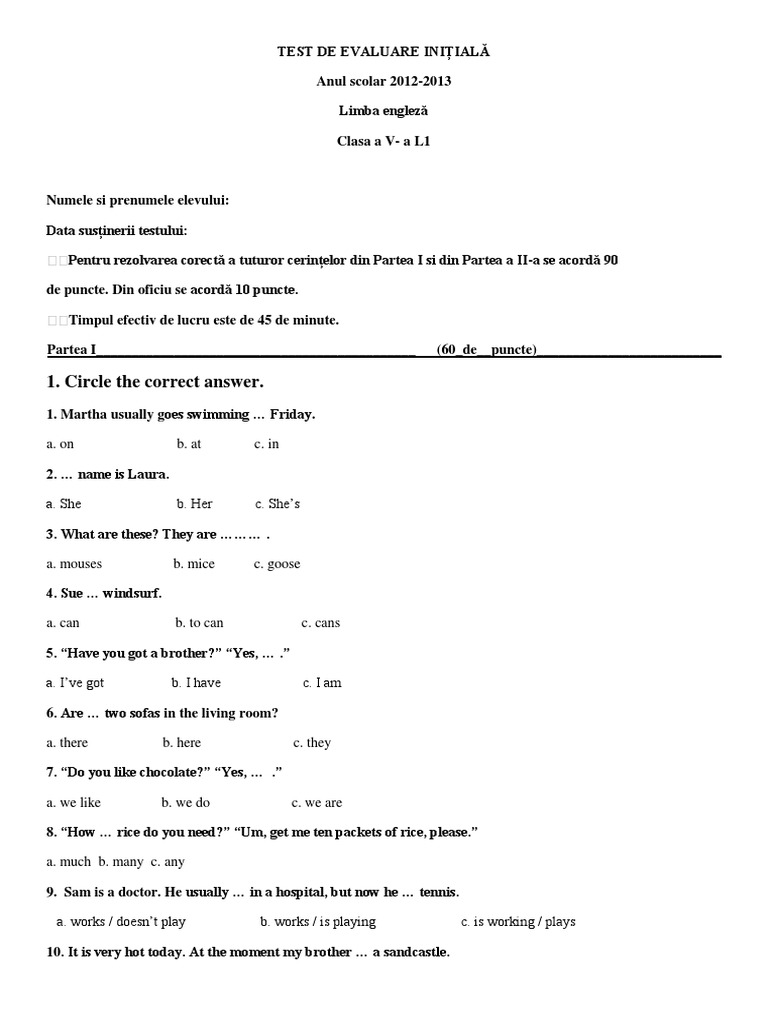 Initial Test 5th Grade | PDF