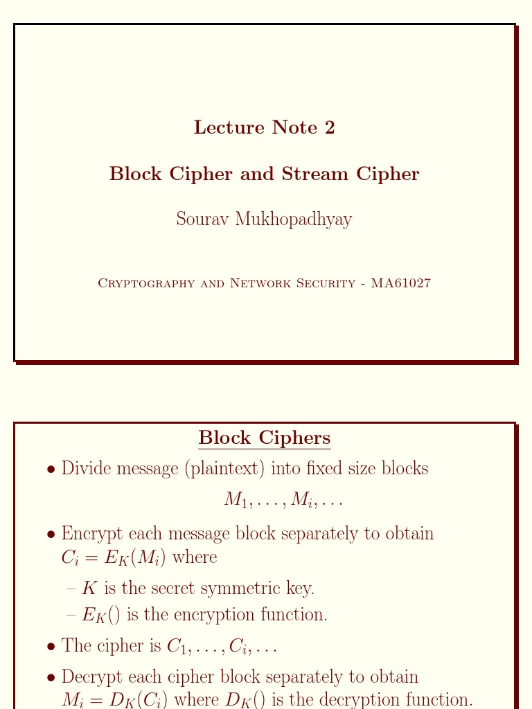 Lecture Note 2 Block Cipher and Stream Cipher Sourav Mukhopadhyay | PDF | Cryptography | Key ...