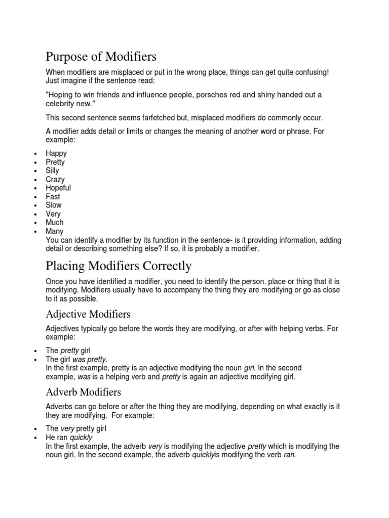 Purpose of Modifiers | PDF | Adverb | Adjective