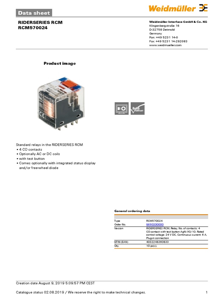 Data Sheet: Riderseries RCM RCM570024 | PDF | Alternating Current | Relay
