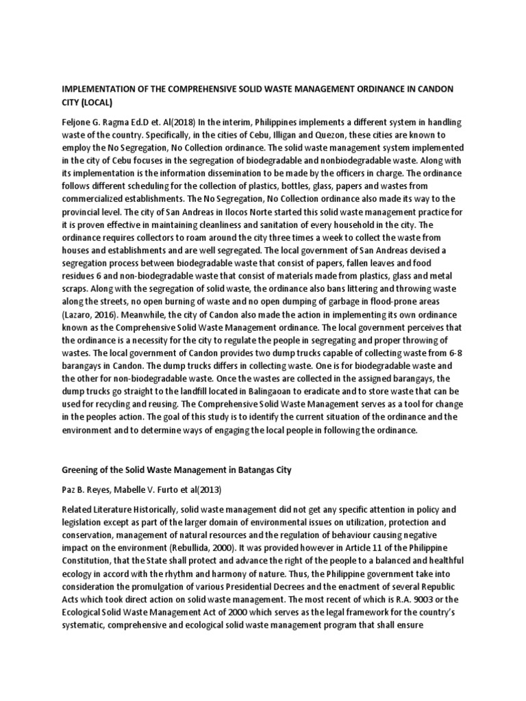 Implementation of The Comprehensive Solid Waste Management Ordinance in ...