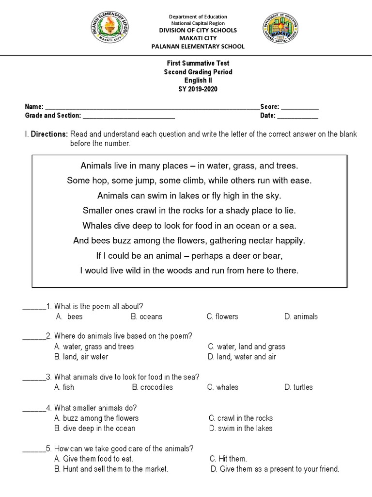 Educational Poems and Stories Summative Test | PDF | Verb | Syntax