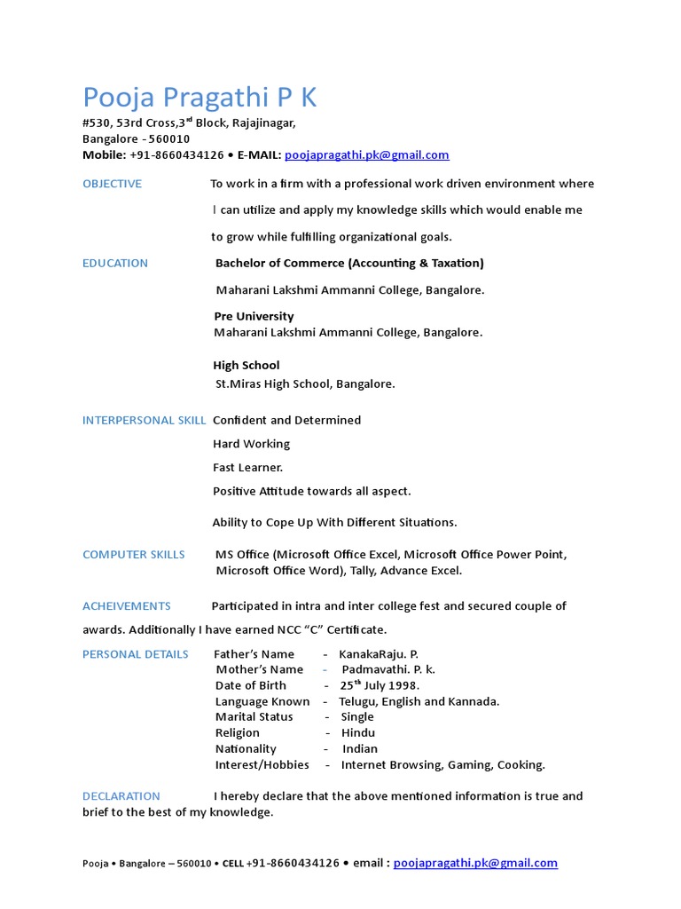 A Concise Resume for Pooja Pragathi P K Seeking an Entry Level Position ...