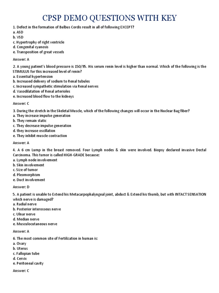 CPSP Demo Questions With Key - PDF Version 1 | PDF | Anemia | Shock ...