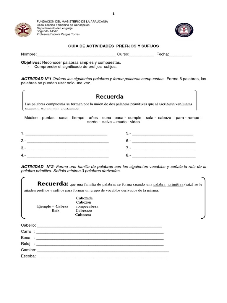 Hojas De Trabajo De Prefijos Y Sufijos Para Quinto Grado