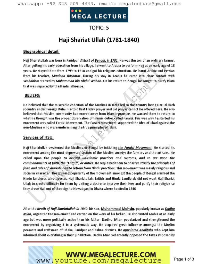 Haji Shariat Ullah: Faraizi Movement Leader | PDF | Jihad | British Raj