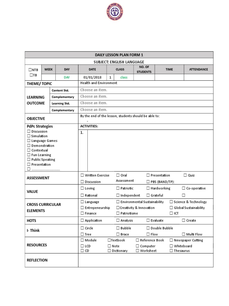 Daily Lesson Plan Form 1: Subject: English Language | Download Free PDF ...