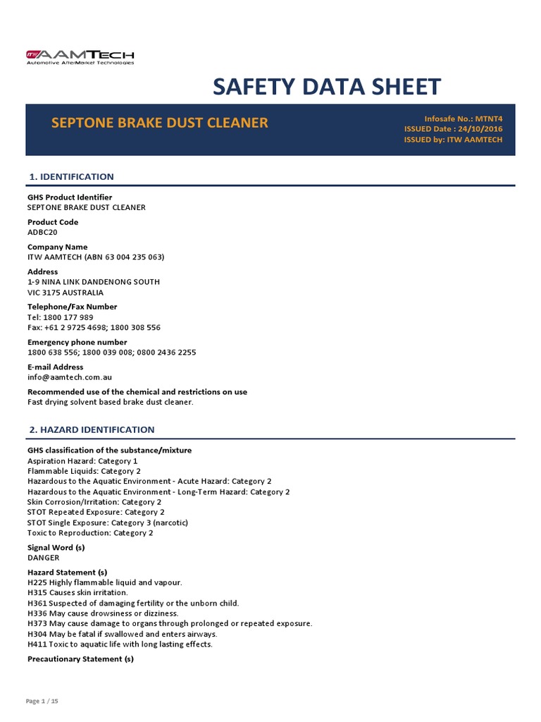 Septone Brake Dust Cleaner SDS | PDF | Toxicity | Dangerous Goods
