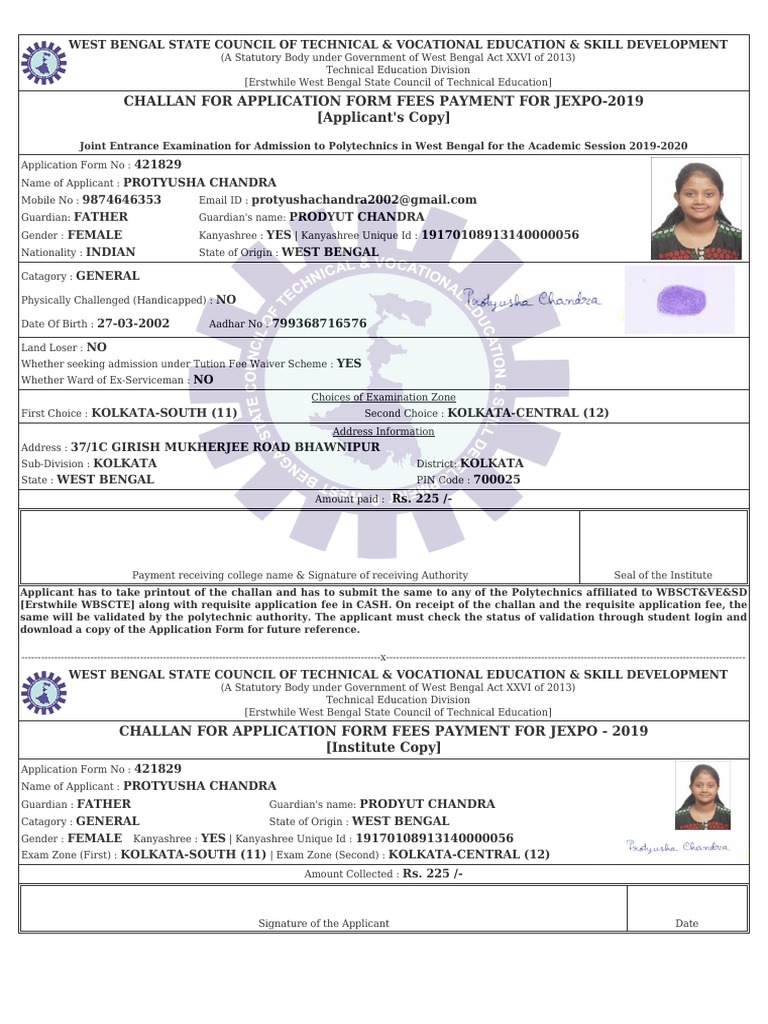 Challan For Application Form Fees Payment For Jexpo-2019 (Applicant's Copy) | PDF | Vocational ...