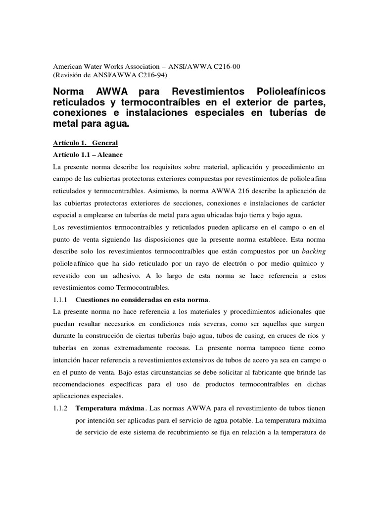 Awwa C216 Norma Mangas Termocontraibles PDF | PDF | Revestimiento ...