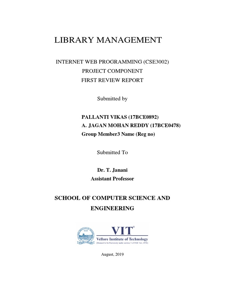 Library Management: Internet Web Programming (Cse3002) Project Component First Review Report | PDF