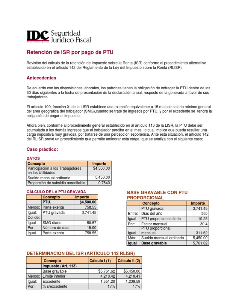 ISR y PTU: Cálculo y Retención | PDF | Impuesto sobre la renta ...