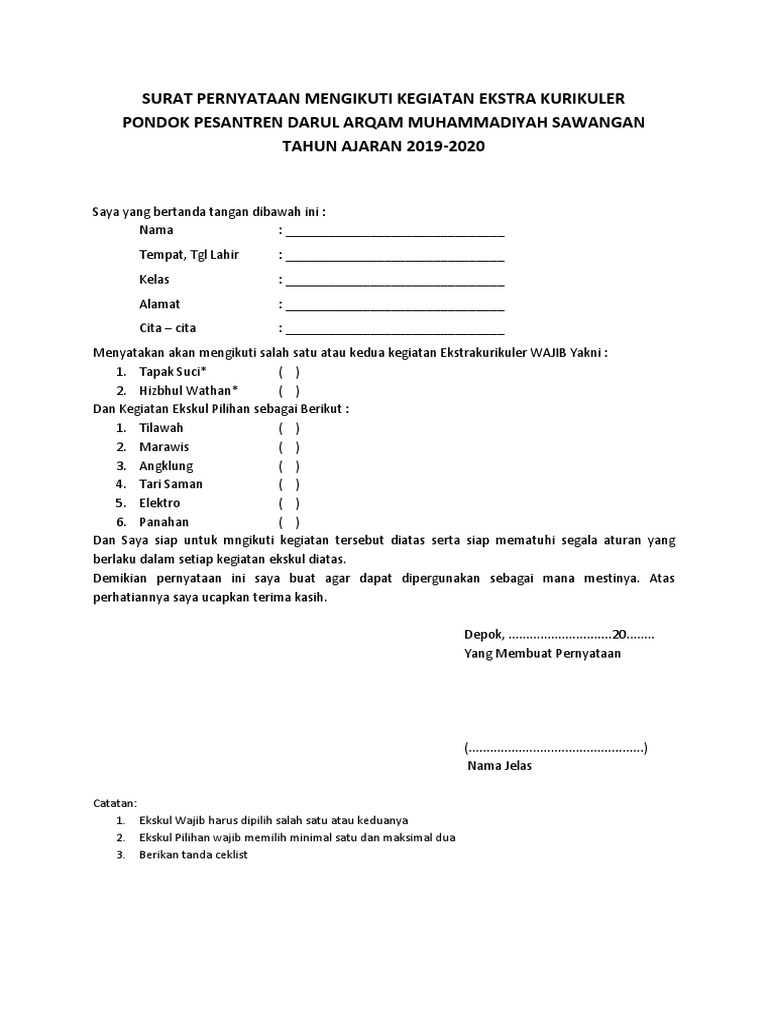 Surat Pernyataan Mengikuti Kegiatan Ekstra Kurikuler | PDF