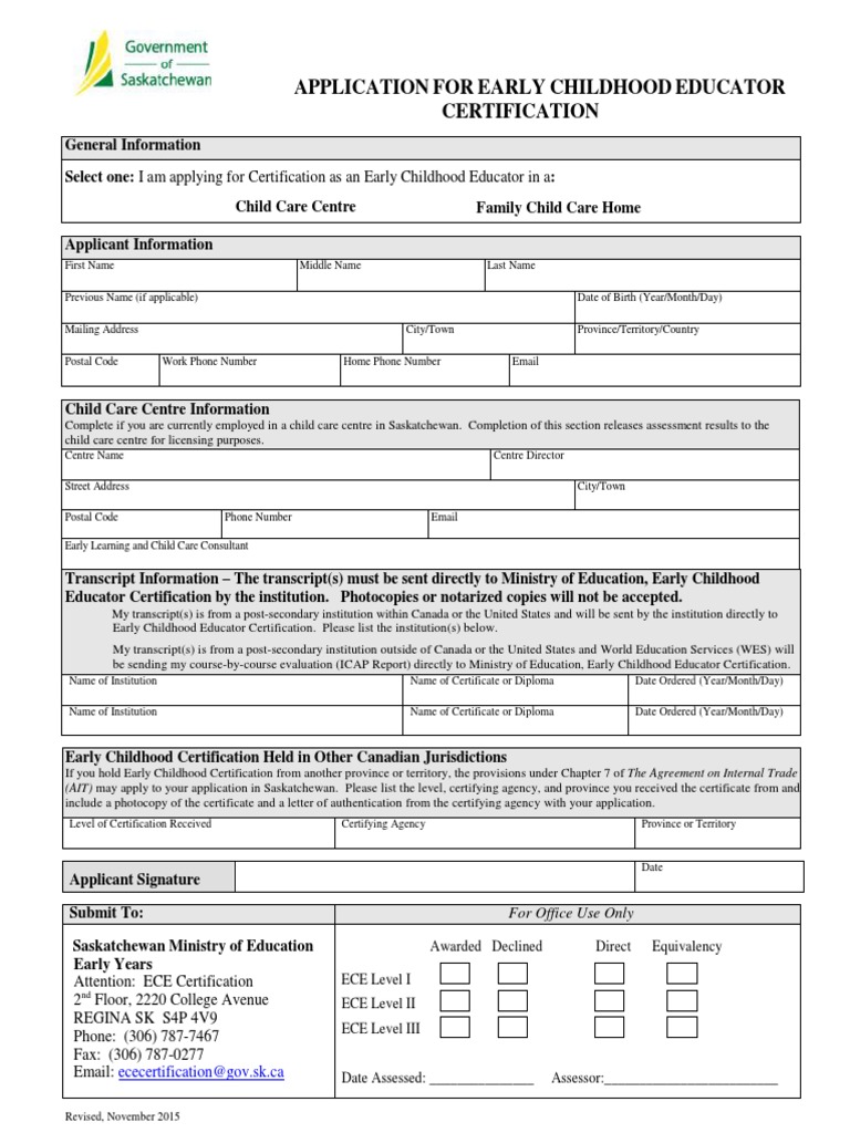 Application FOR Early Childhood Educator Certification ...