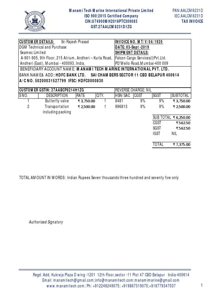 Beneficiary Account Name: Manami Tech Marine International Pvt. Ltd ...
