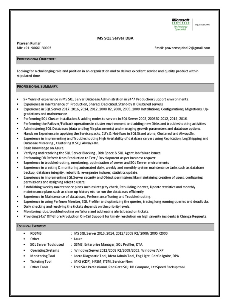 Experienced MS SQL Server DBA Resume | PDF | Microsoft Sql Server ...