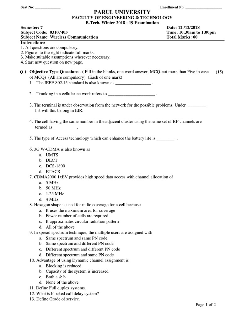 Wireless Communication Exam Paper 2018 | PDF | Cellular Network ...