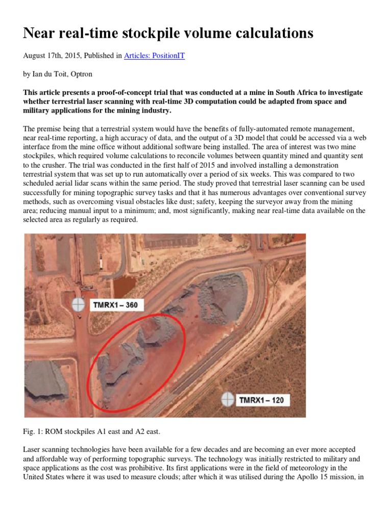 Near Real Time Stockpile Volume Calculations | PDF | Lidar | Surveying
