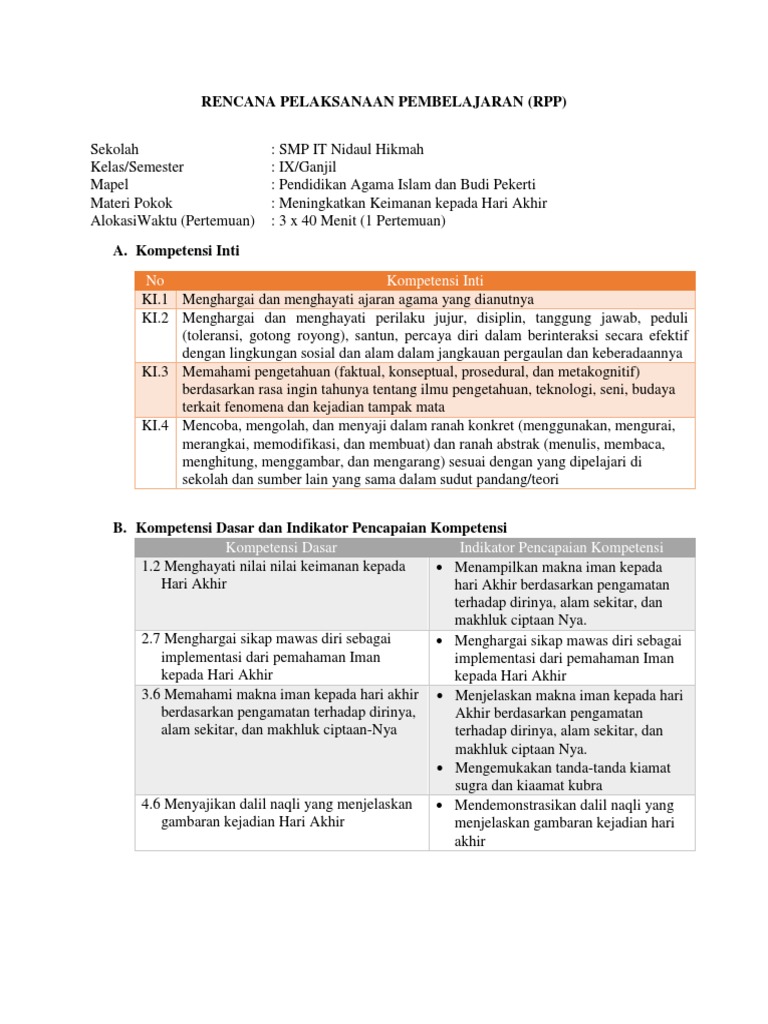 Rencana Pelaksanaan Pembelajaran Pai Dan Budi Pekerti | PDF | Agama ...