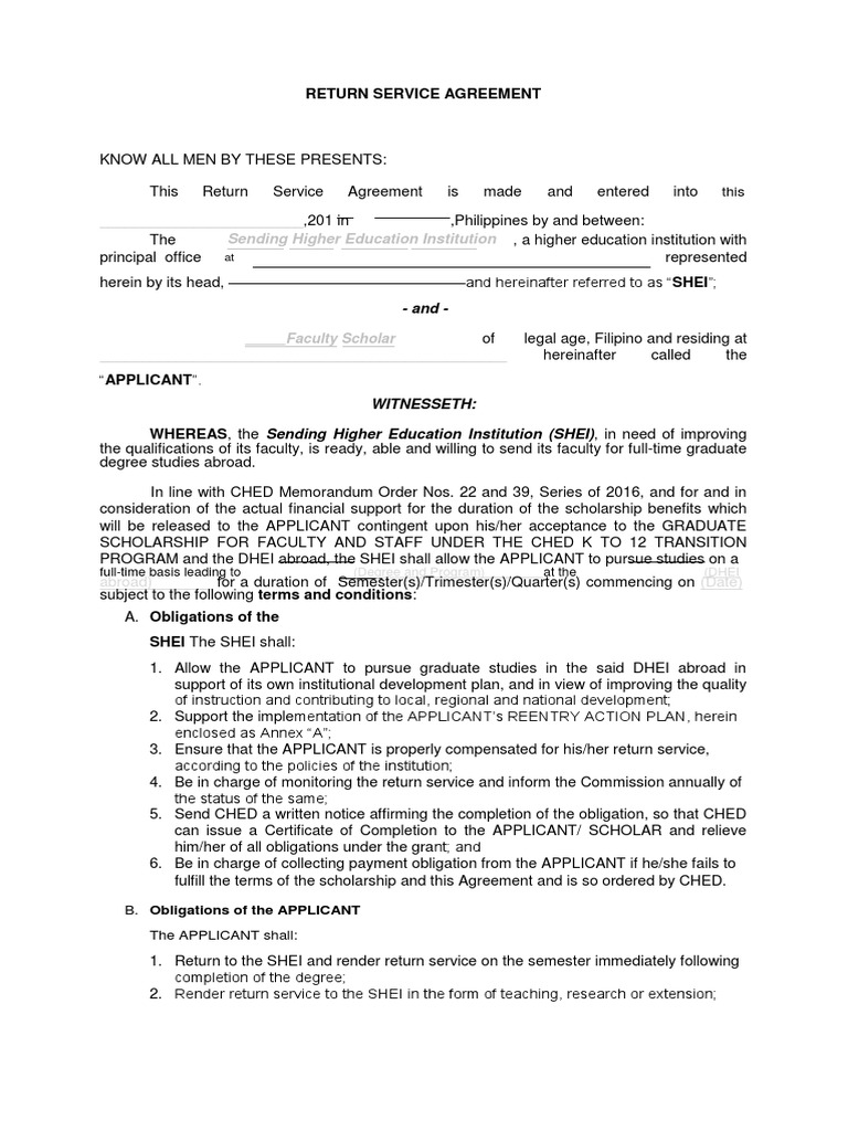 Return Service Agreement: Sending Higher Education Institution | PDF ...