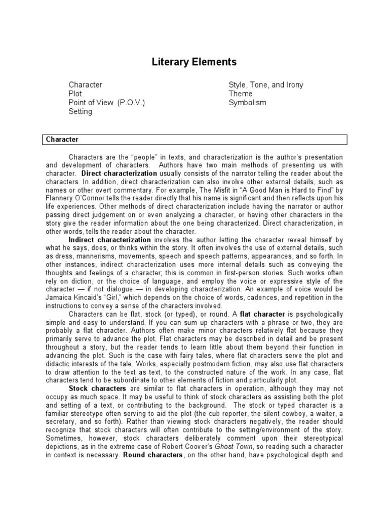 Literary Elements: Character Plot Point of View (P.O.V.) Setting Style ...