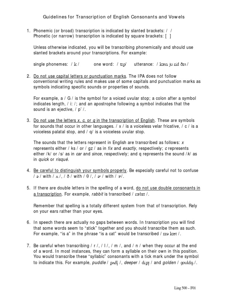 Guidelines For Transcription of English Consonants and Vowels | PDF ...