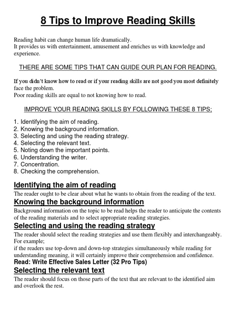 8 Tips To Improve Reading Skills | PDF | Writers | Understanding