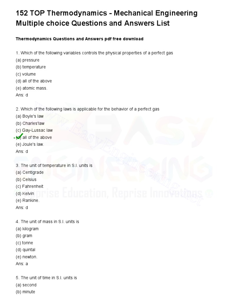 152 TOP Thermodynamics - Mechanical Engineering Multiple Choice ...